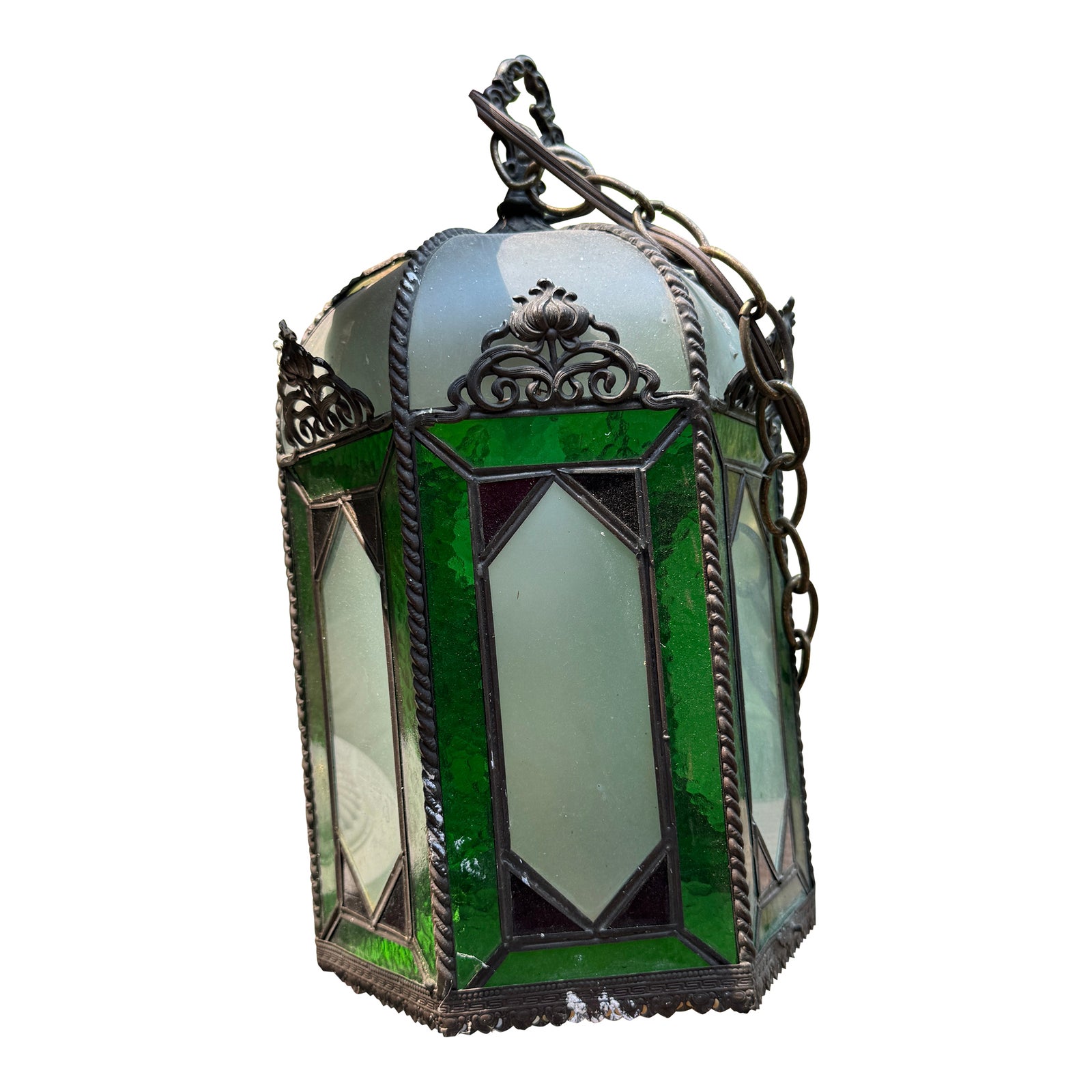 1960s Gothic Revival Stained Glass Hanging Lantern With Ornate Ironwork ...