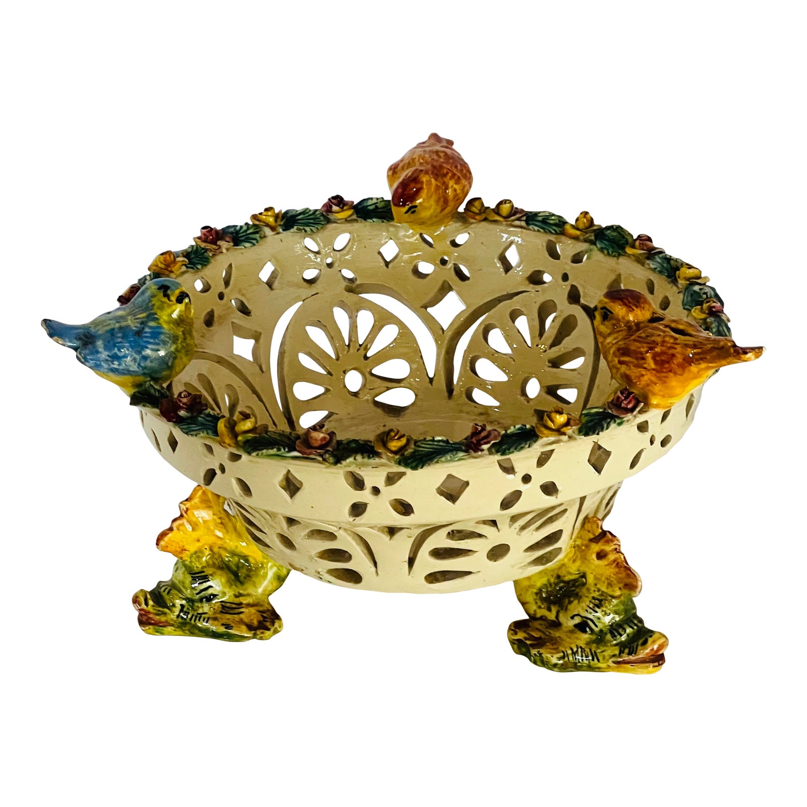 Antique Italy Pierced Bird Dolphin Bowl | Chairish