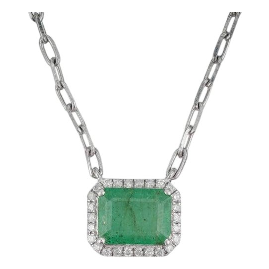 2.06 Ct Octagon Cut Emerald & Diamond Pendant Necklace in 925 Sterling ...