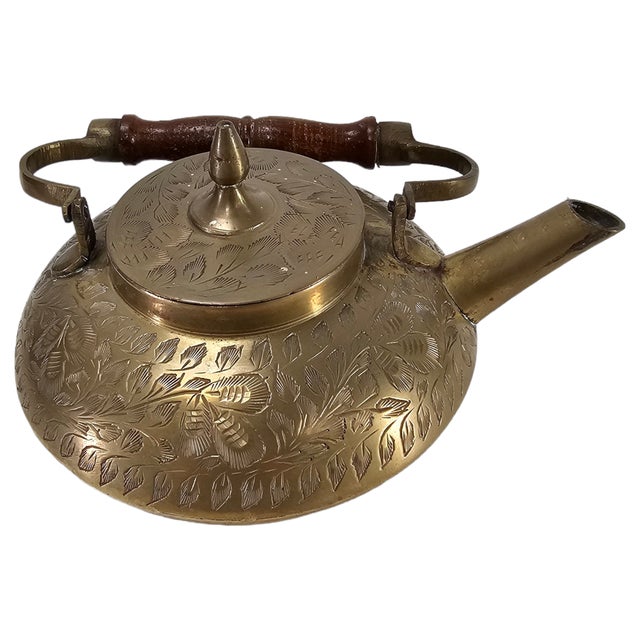 Indian Etched Brass Tea Kettle Floral Tea Pot | Chairish