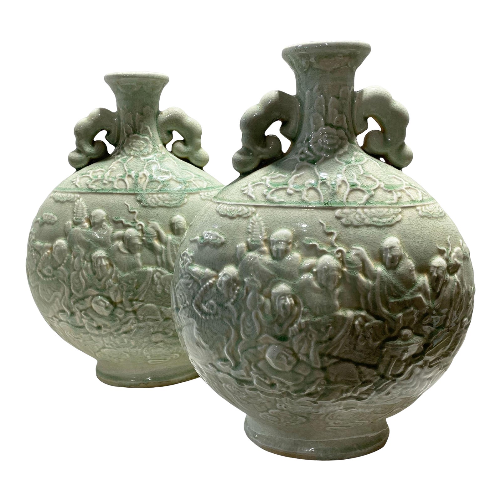 Vintage Chinese Moon Flasks Celadon W/ 19 Smilling Buddhas Vases 17.75 ...