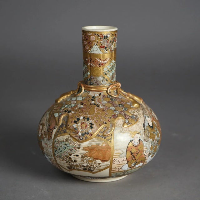 Antique Satsuma Meiji Porcelain Bottle Vase Hand Painted & Gilt Figures ...