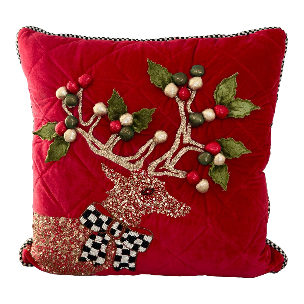 Mackenzie-Childs Beaded Velvet Courtly Check Christmas Stag Pillow ...