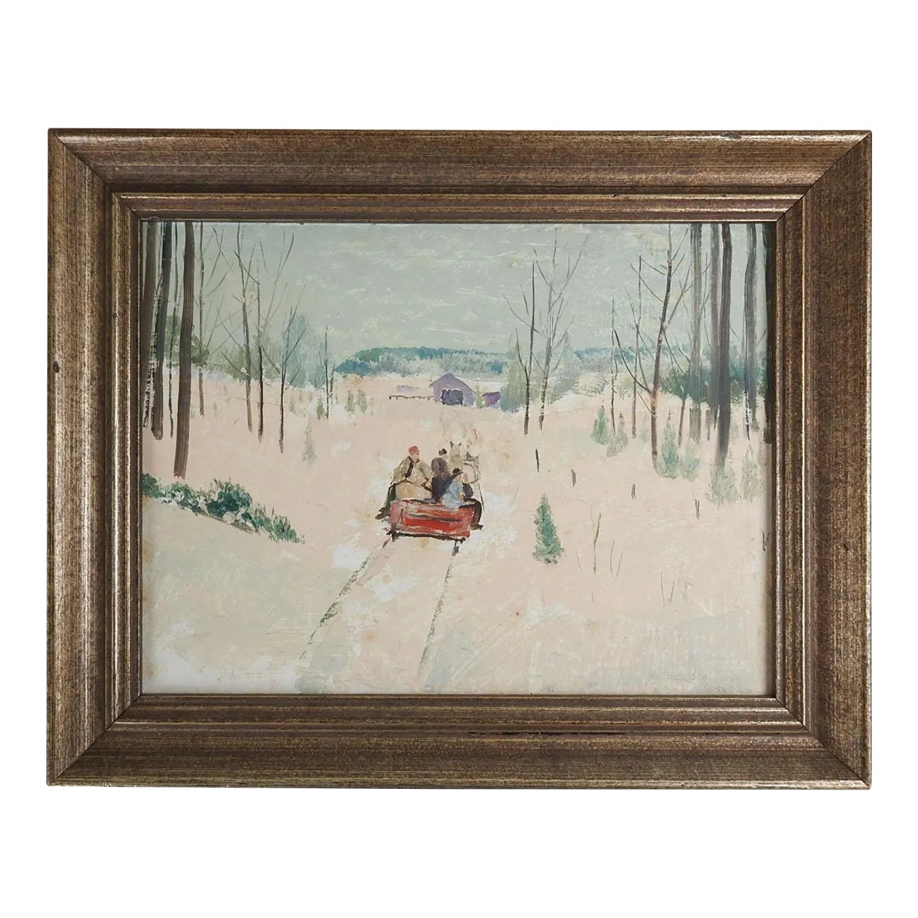 Vintage Chester Snowden Winter Snow Sleigh Scene Painting | Chairish