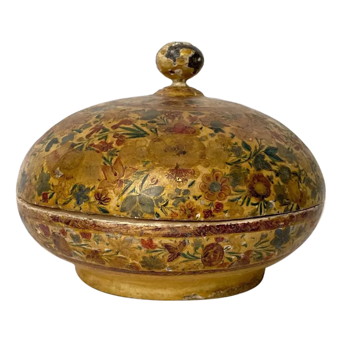 Indian Kashmiri Gilt Hand Painted Papier Mache Powder Jar | Chairish