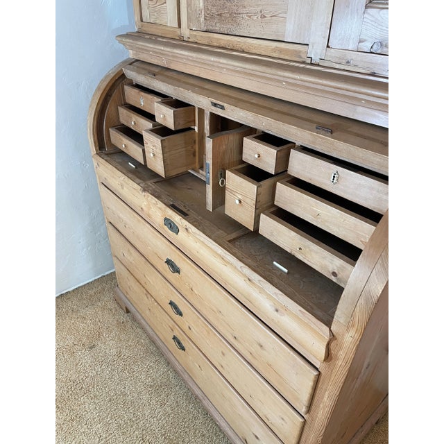 1888 Pine Highboy Storage Hutch With Roll Top Desk Secretary - | Chairish
