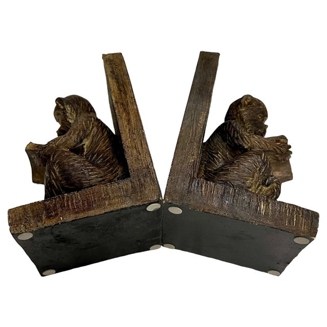Sculpted Reading Monkey Book Ends - a Pair | Chairish