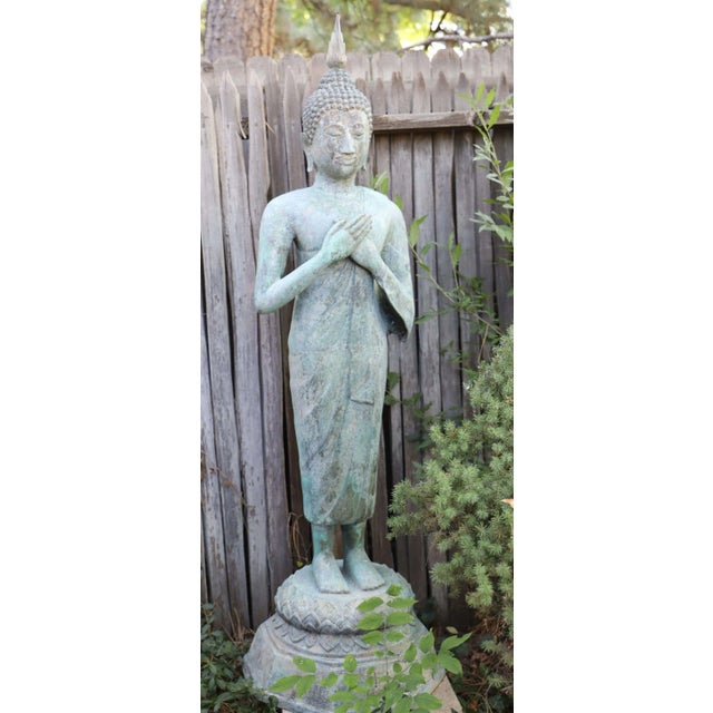 Large 60" Verdigris Green Patina Bronze Standing Buddha Statue | Chairish