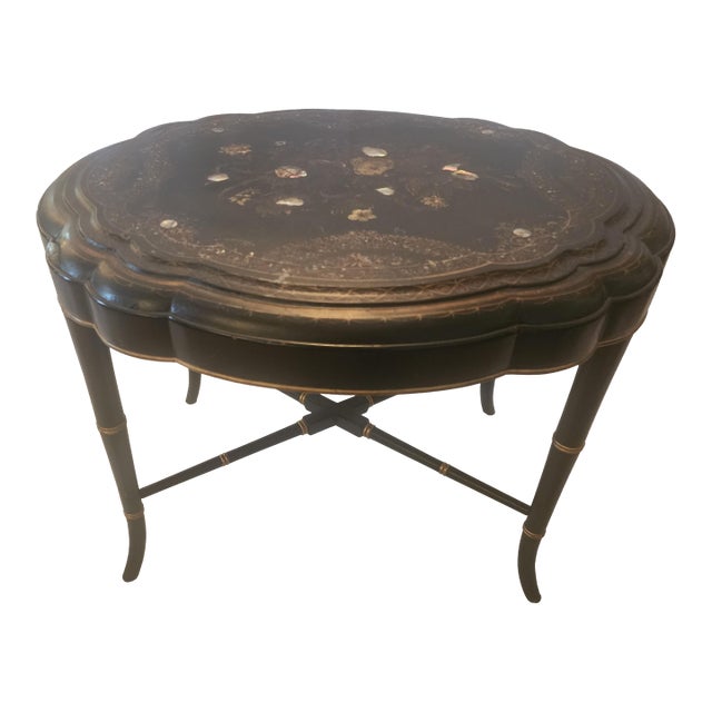 19th Century Mother of Pearl Inlay Black Lacquer Tray Table on Stand ...
