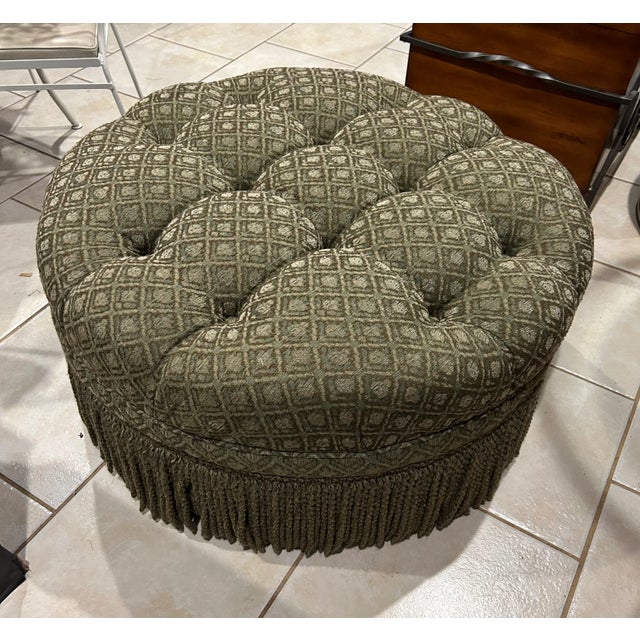 1980s Vintage Tufted Round Green Ottoman With Fringe | Chairish