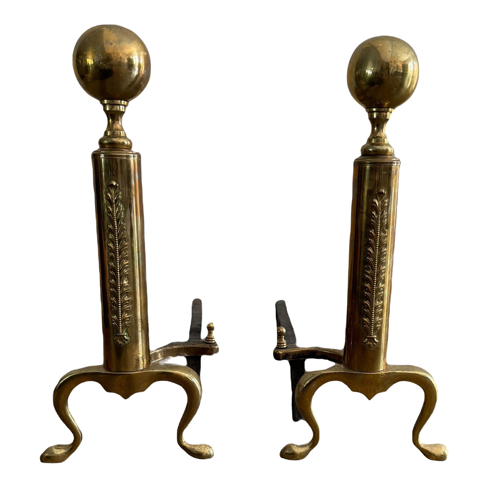 1950s Neoclassical English Bellows Brass Andirons - a Pair | Chairish
