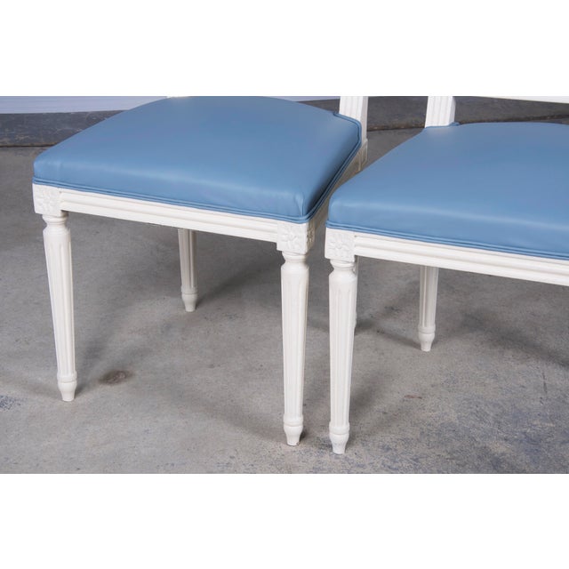 French Louis XVI Style Painted Square Back Dining Chairs W/ Blue Vinyl ...