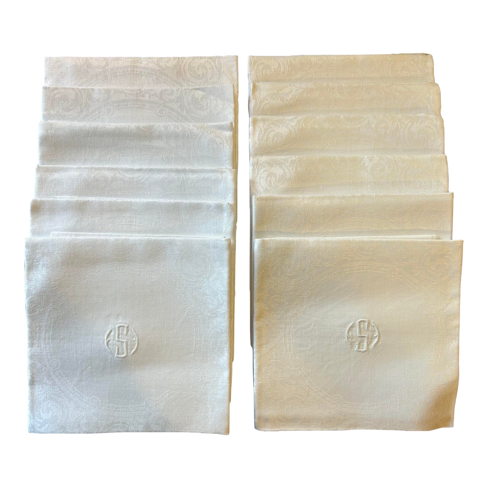 Monogrammed Linen Damask Dinner Napkins | Chairish