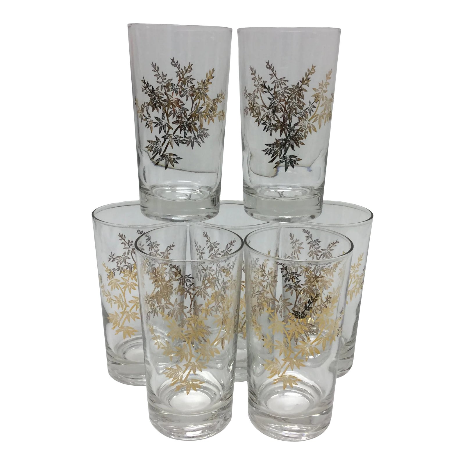 Mid 20th Century Glassware With Gold Bamboo Botanical Design - Set of 7 ...