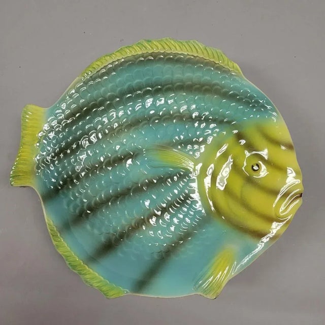 1930's English Aqua and Yellow Ceramic Fish Plates - Set of 6 | Chairish