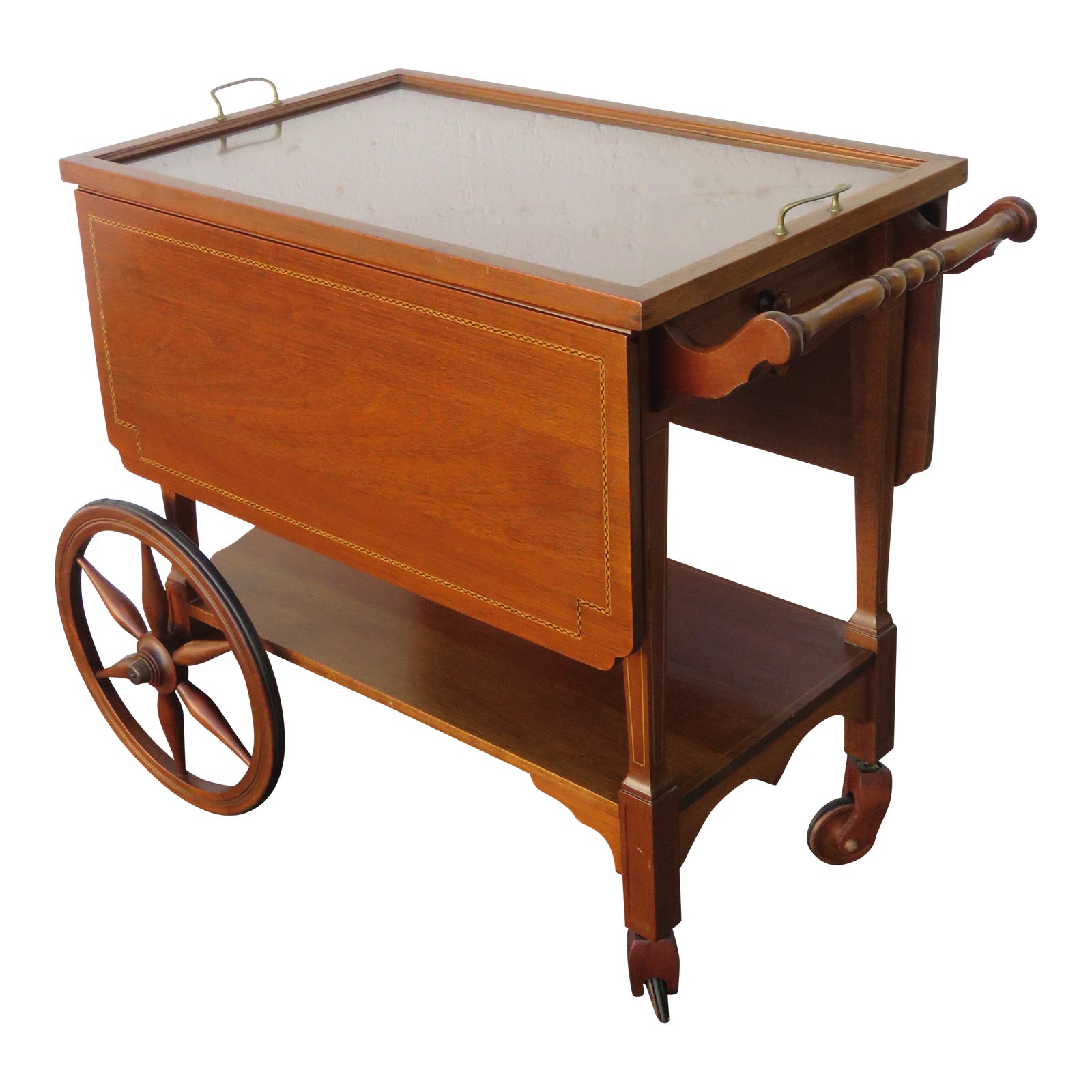 1940s Mahogany Inlay Drop Leaf Bar Server Tea Coffee Cart With Glass ...