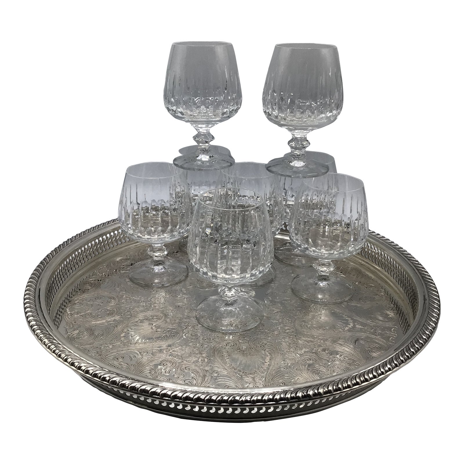 Round Wm Rogers Silver Plated Pierced Rim Serving Tray With 8 Brandy ...