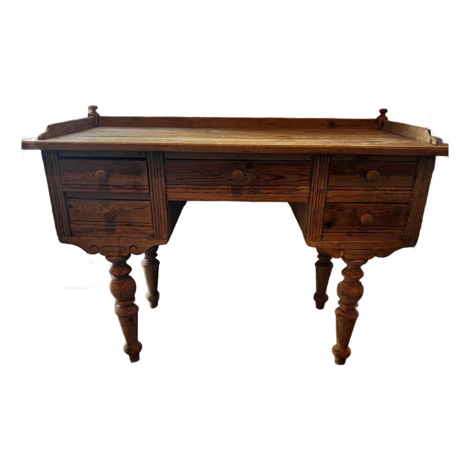 1900s Antique Rustic Pine Writing Desk With Turned Legs | Chairish
