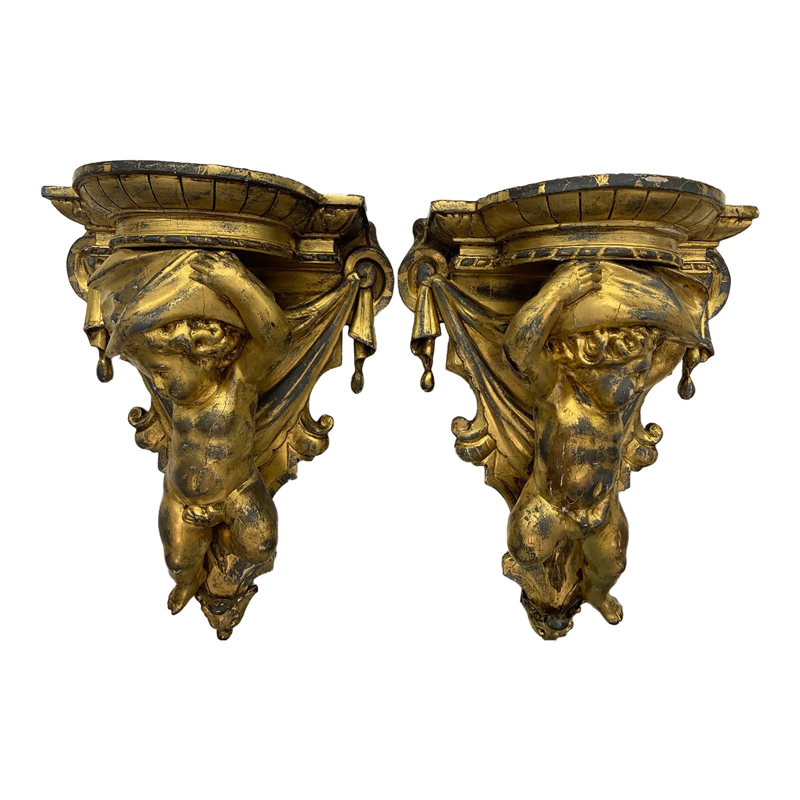 Pair of 1900s Louis VI Style Carved Putti Wall Brackets | Chairish