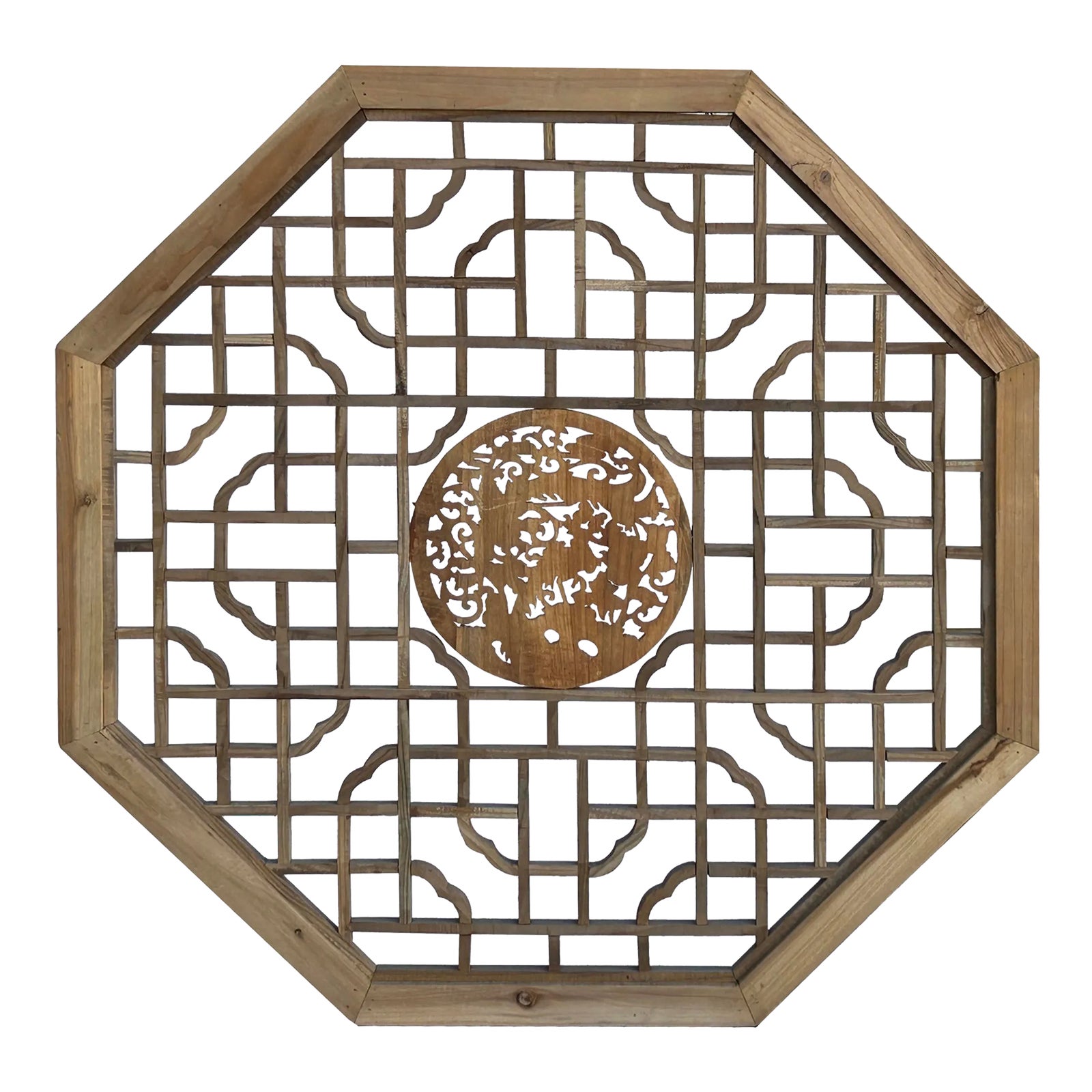 Raw Wood Octagonal Phoenix Birds Flower Geometric Pattern Wall Panel ...