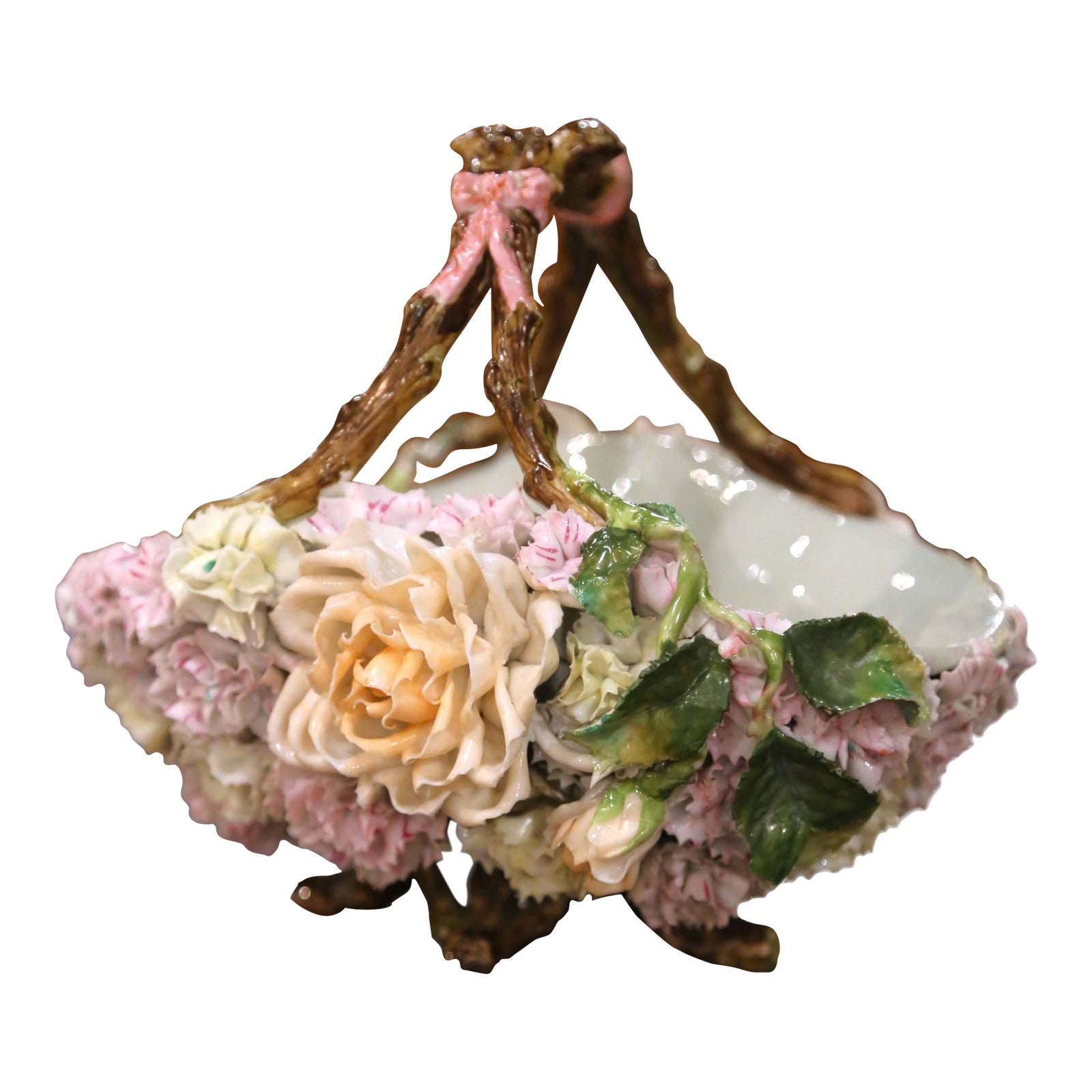 19th Century French Porcelain Barbotine Flower Basket With Twig Handle ...