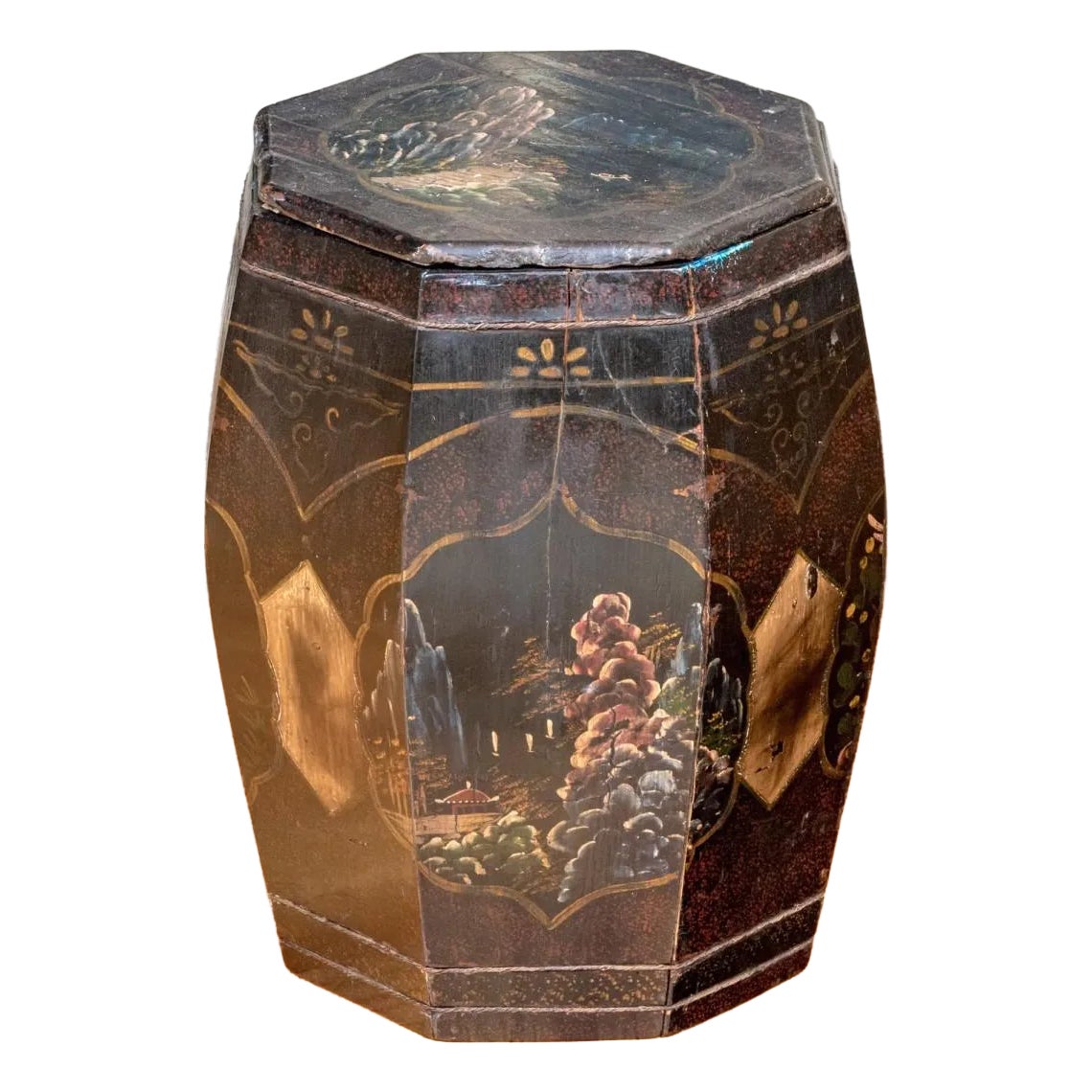 Antique Octagonal Chinoiserie Lacquered Rice Barrel | Chairish
