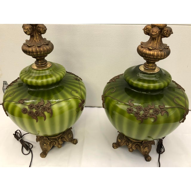 Vintage Pair of Large Ef. Ef Industries Brass Metal & Green Glass Lamps ...