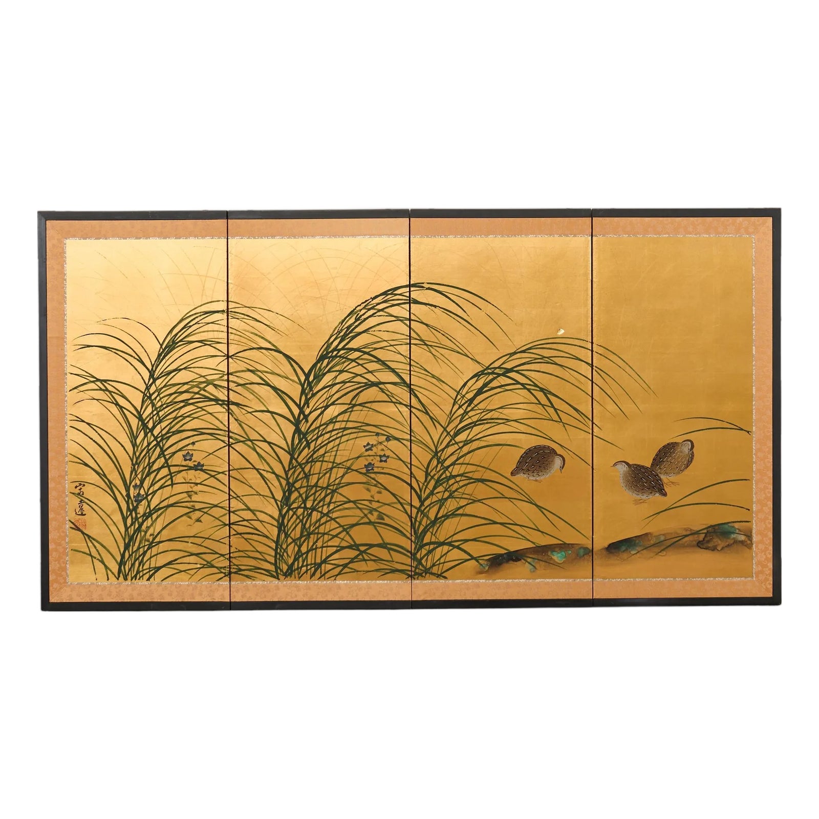 Japanese Showa Four Panel Screen Quail Amid Autumn Grasses | Chairish