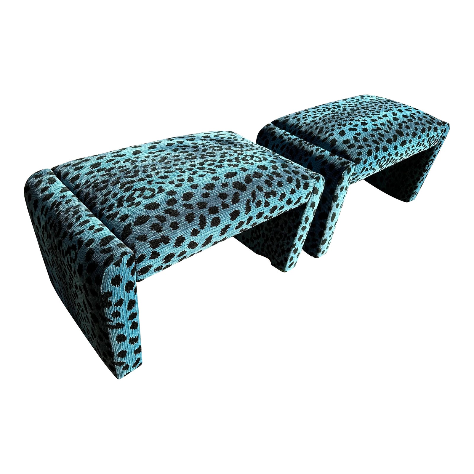 1980s Vintage Leopard Waterfall Stools Reupholstered With Blue Leopard ...
