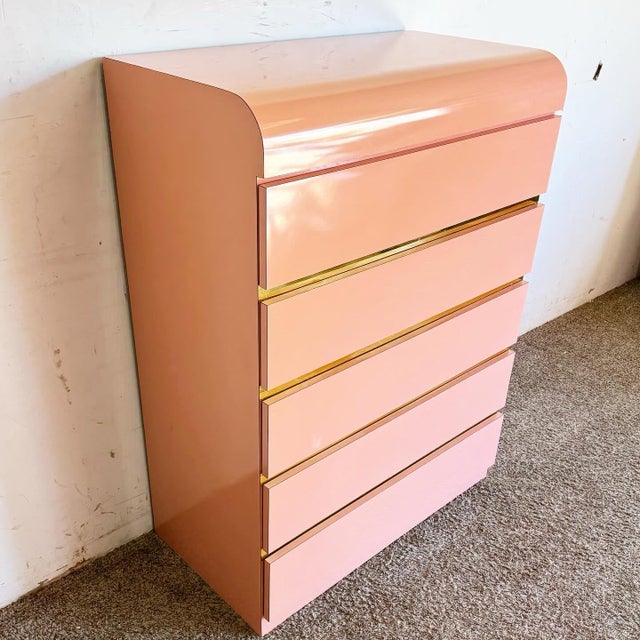 Postmodern Pink Lacquer Laminate Waterfall Highboy Dresser With Gold ...