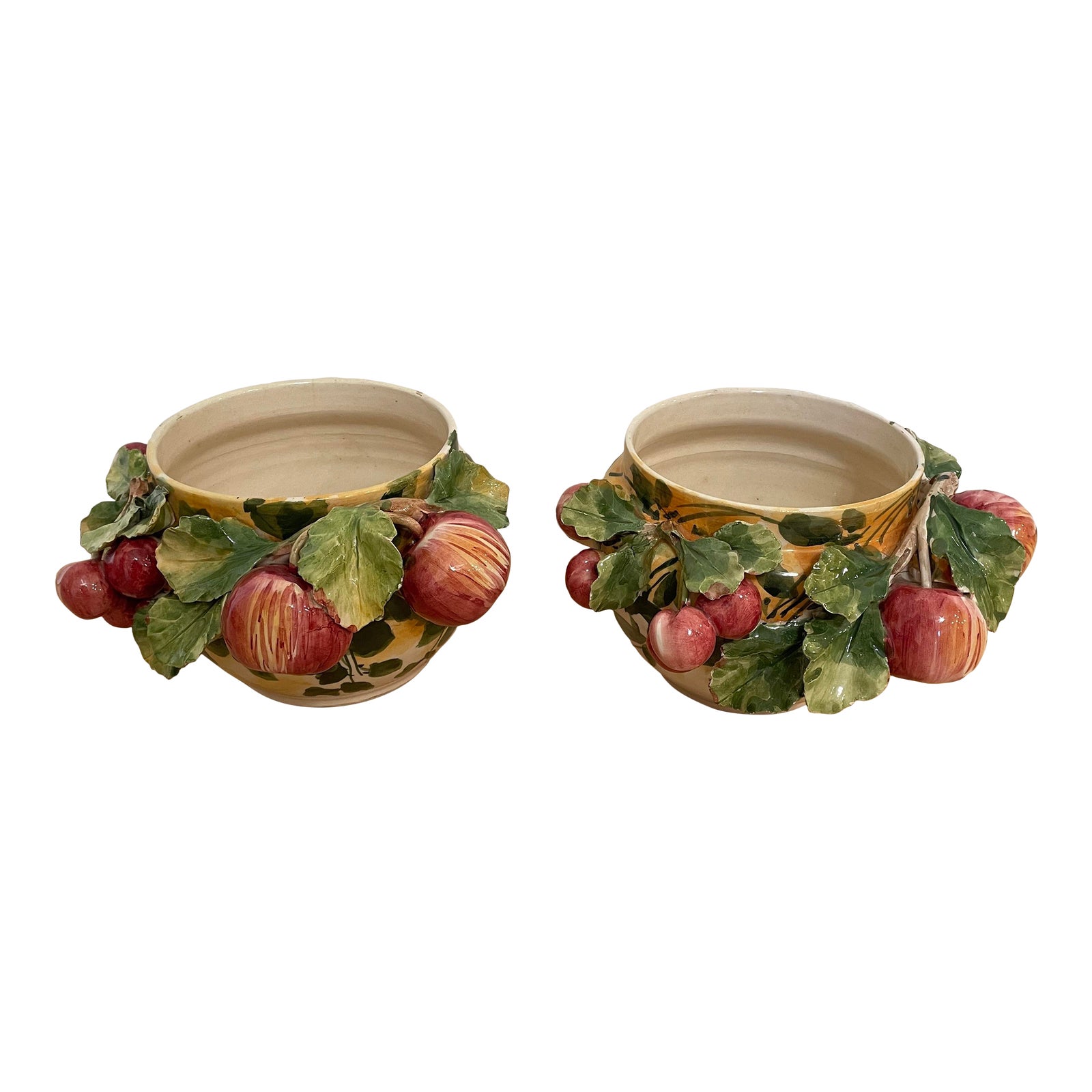 Pair of Vintage Italian Majolica Faience Fruit Apple Planter Cachepots ...
