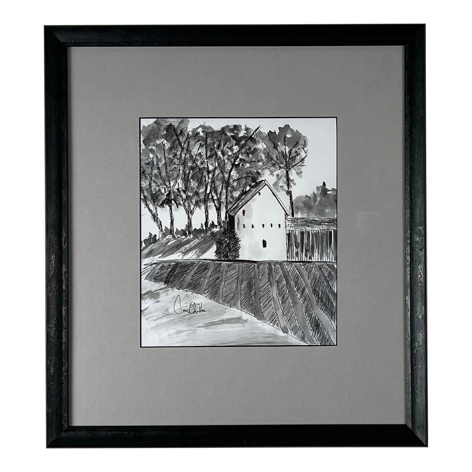 Pen and Ink Landscape Drawing, Framed | Chairish