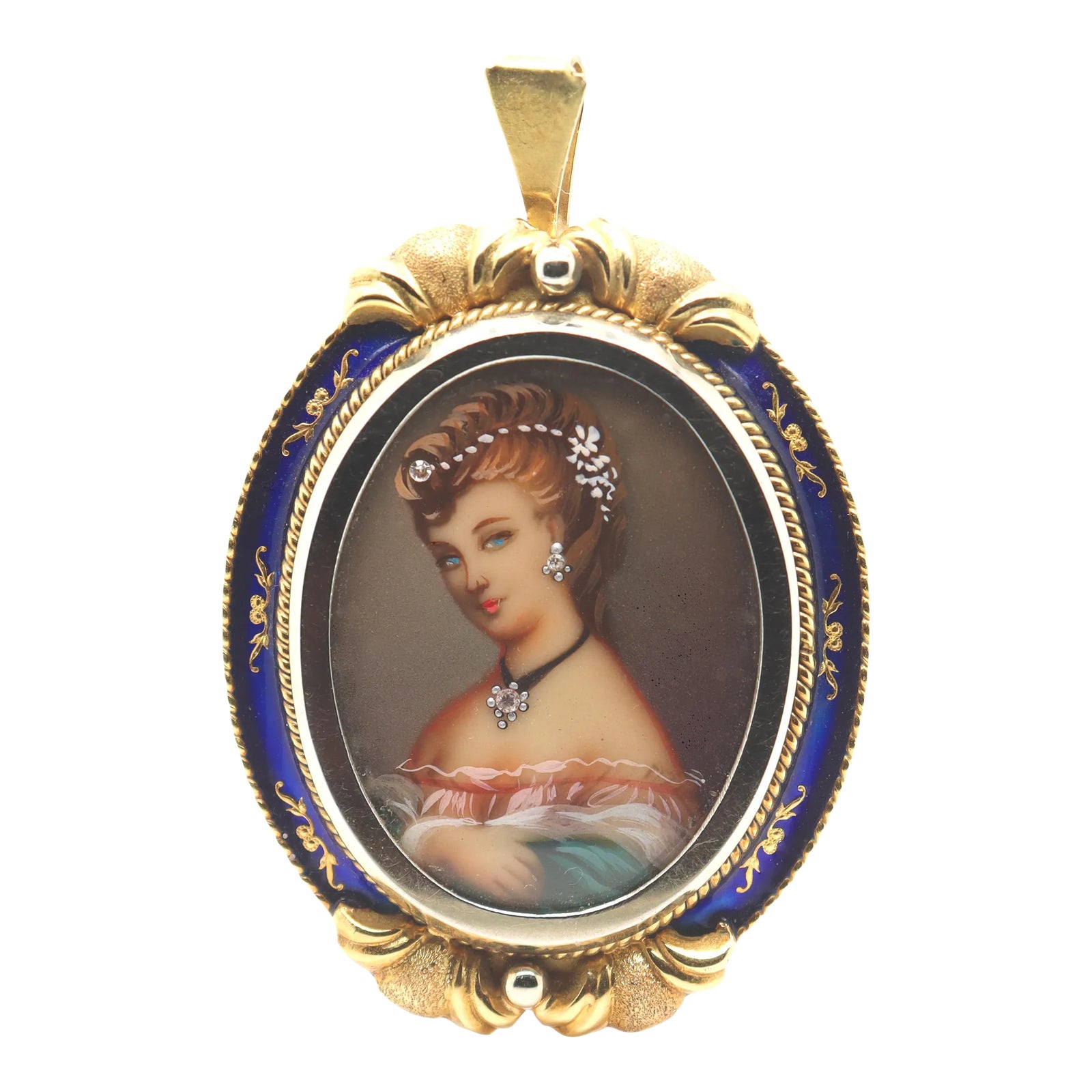 Vintage Corletto 18k Gold & Blue Enamel Portrait Miniature Brooch or ...