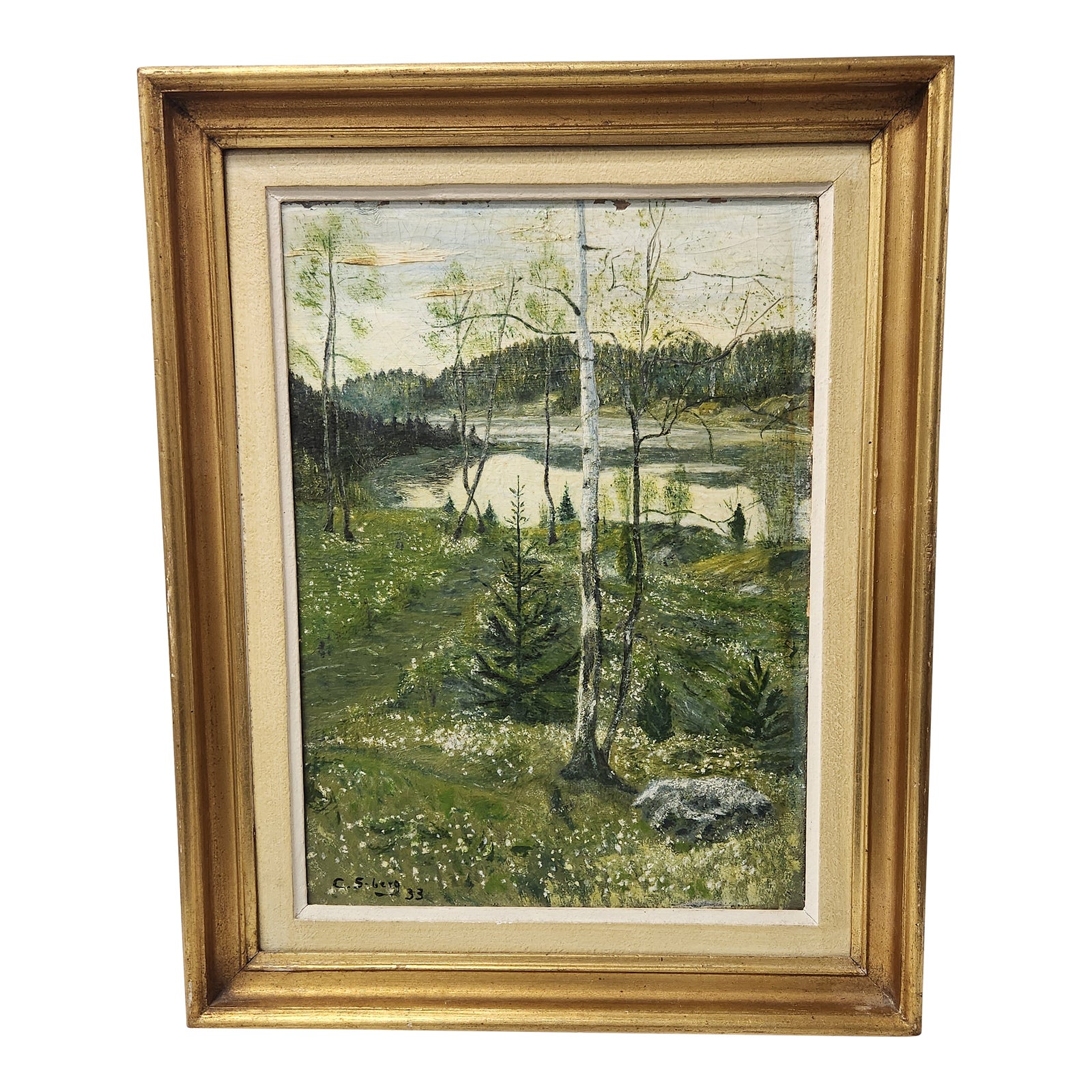 1933 Scandinavian Landscape Oil Painting – Birch Trees & Lake, Inspired ...