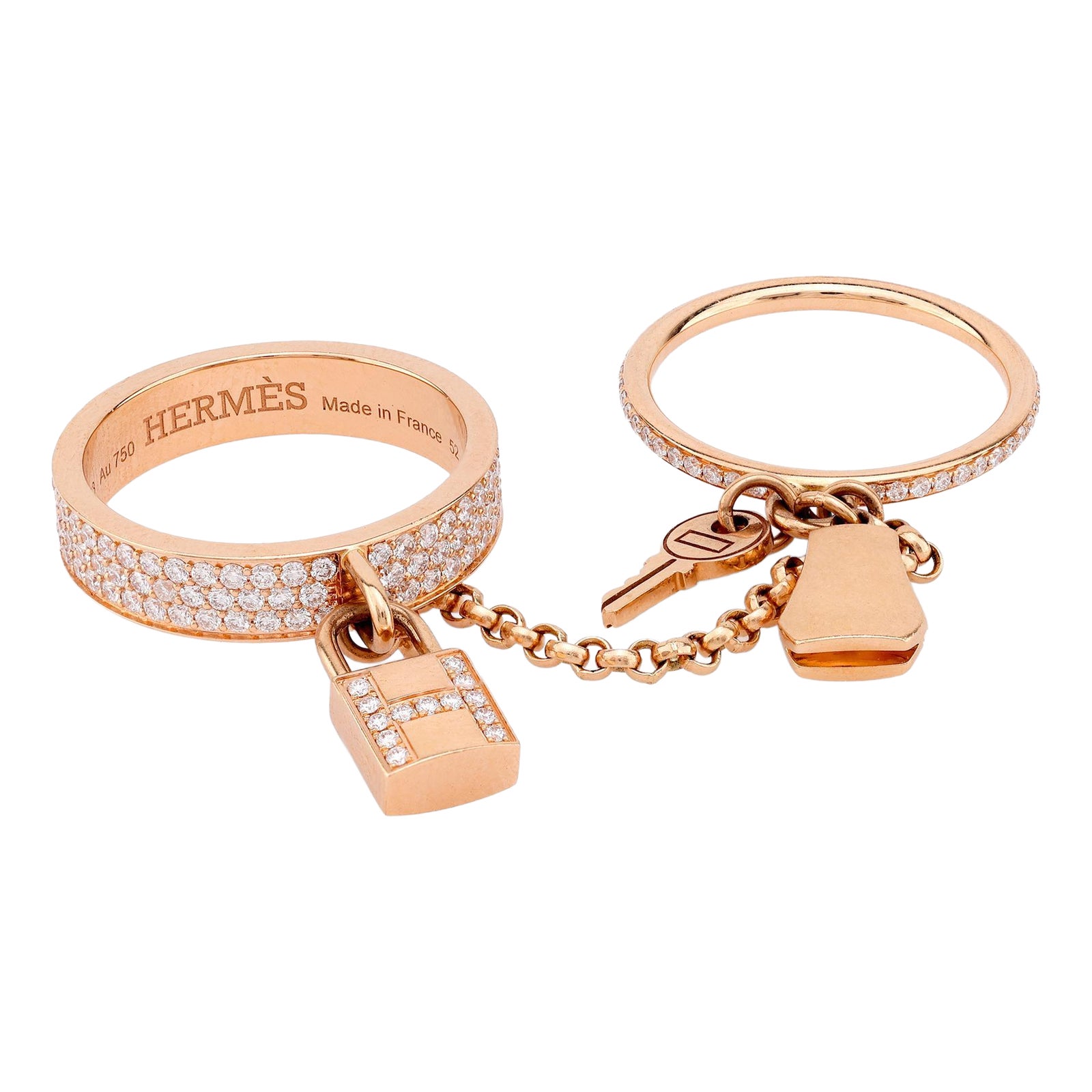 Hermes French Diamond 18k Rose Gold Kelly Cadenas Double Ring Size 5 ...