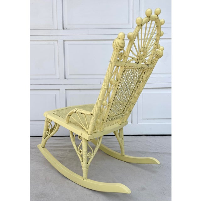 Early 20th C. Meringue Yellow Wicker Rattan Rocker | Chairish