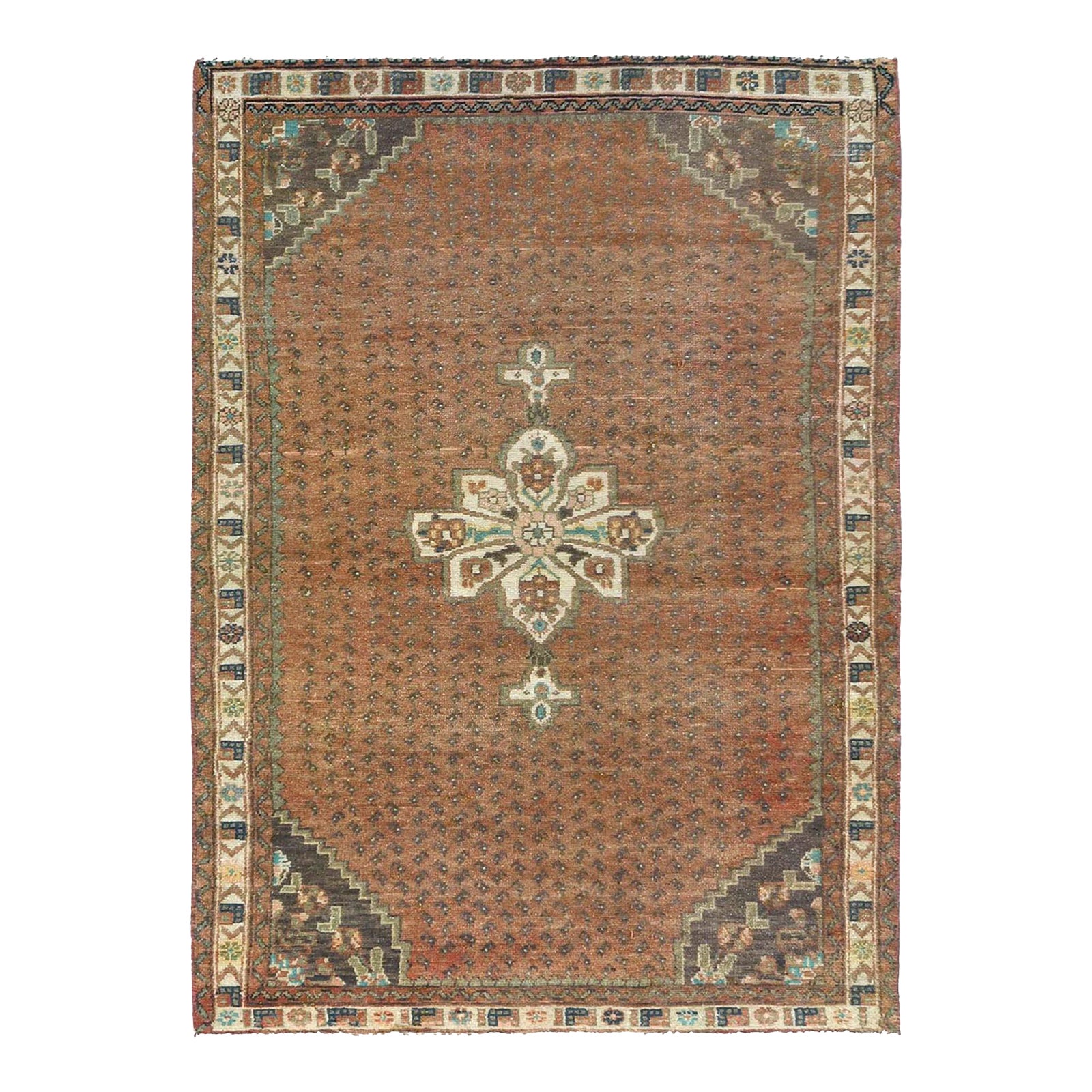 Vintage Honey Brown Persian Hamadan With Small Repetitive Boteh Design ...