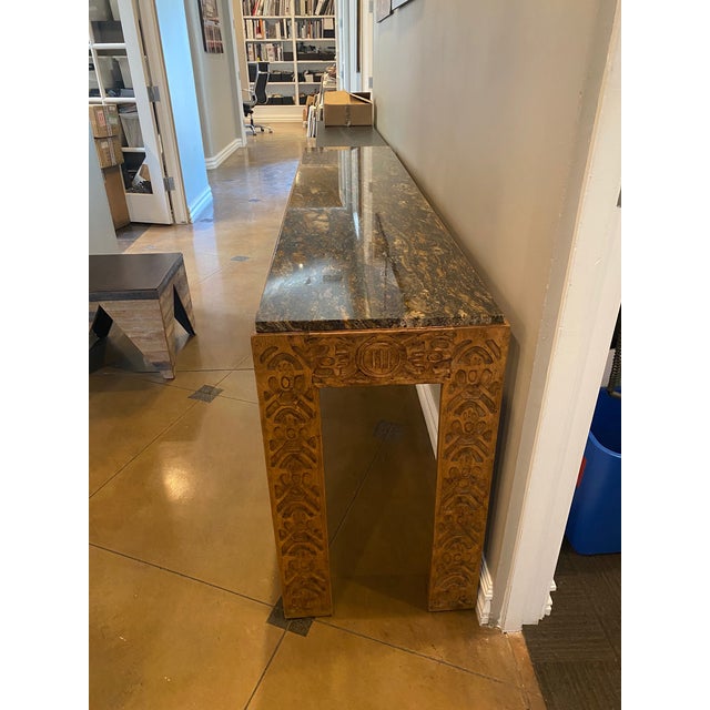 Rustic Carved Wood and Granite Console Table | Chairish
