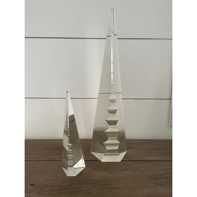 A Pair of Hoya Reverse Cut Crystal Pagoda Obelisks | Chairish