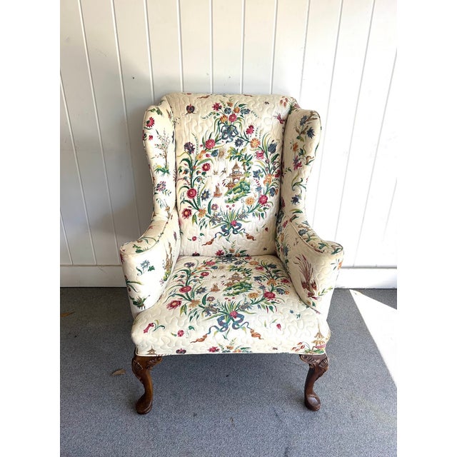 Asian-Print Quilted Floral Wingback Chair | Chairish