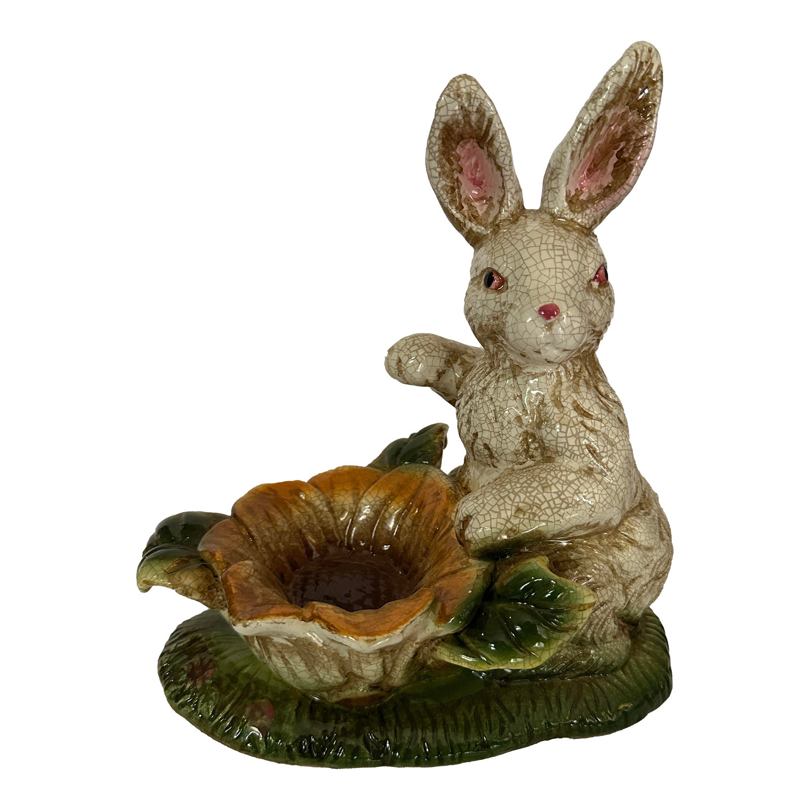 Vintage Ceramic Rabbit Statue With Flower | Chairish