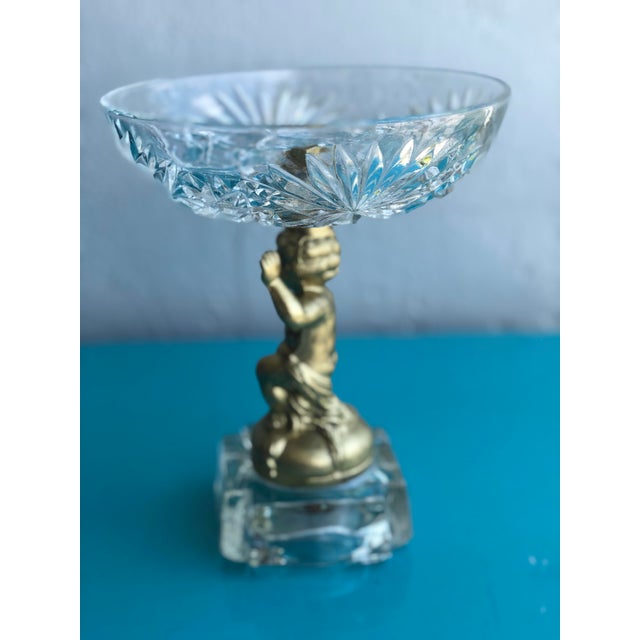 Vintage Crystal Brass Metal Glass Compote Cherub Pedestal Bowl | Chairish