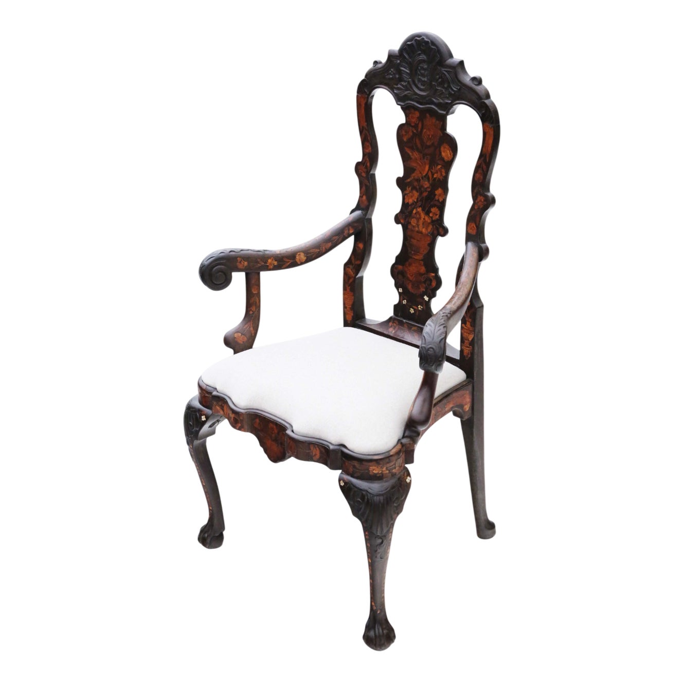 Antique Dutch Marquetry Elbow Chair, 1700s | Chairish
