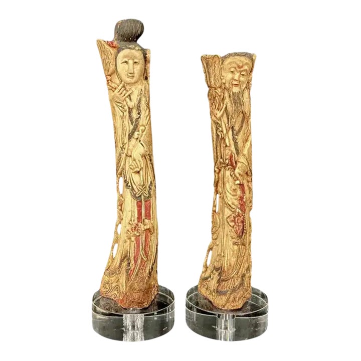 Chinese Stained and Carved Bone Ancestral Figures, a Pair | Chairish