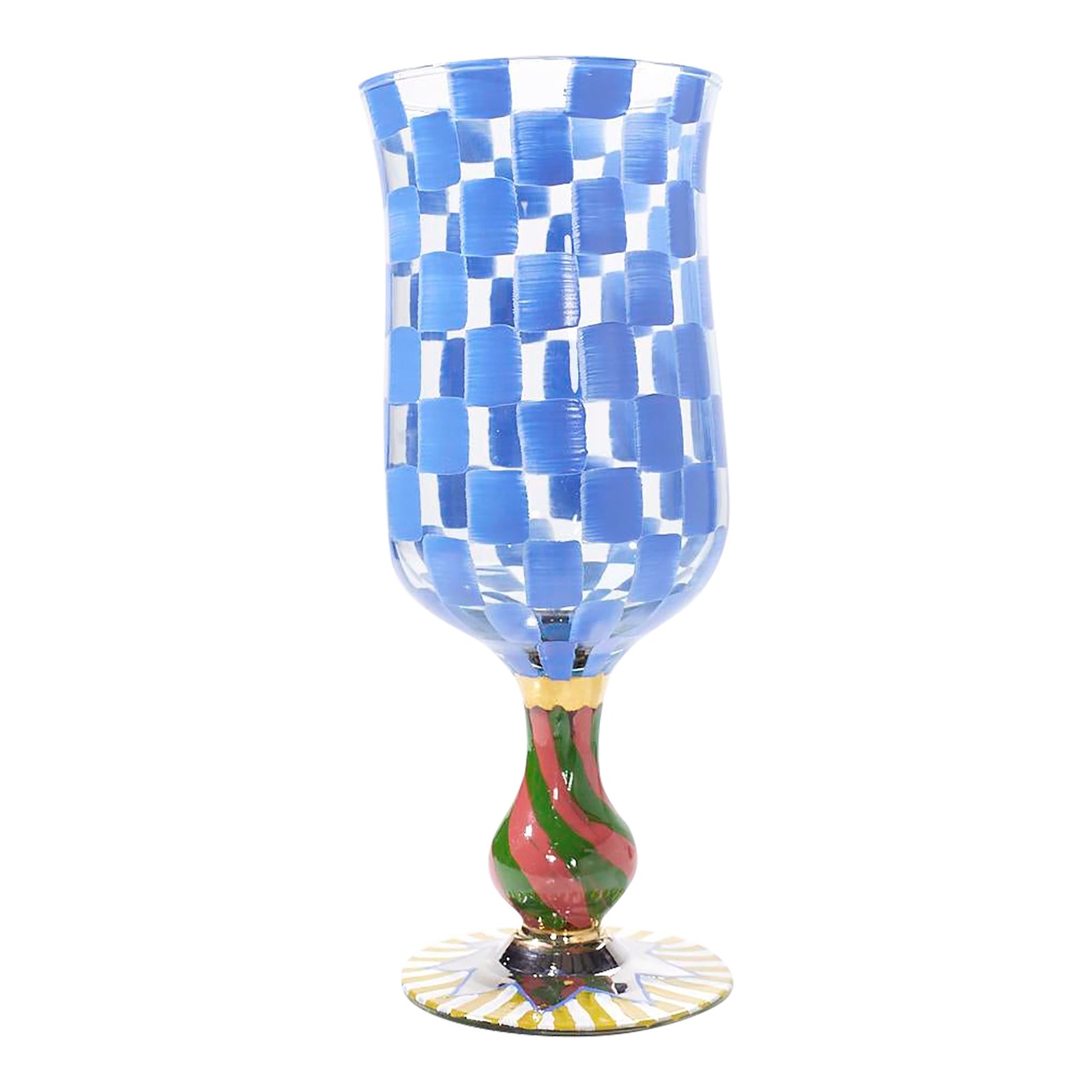 Mackenzie Childs Blue Check Hand Painted Circus Wine Water Glass Footed ...