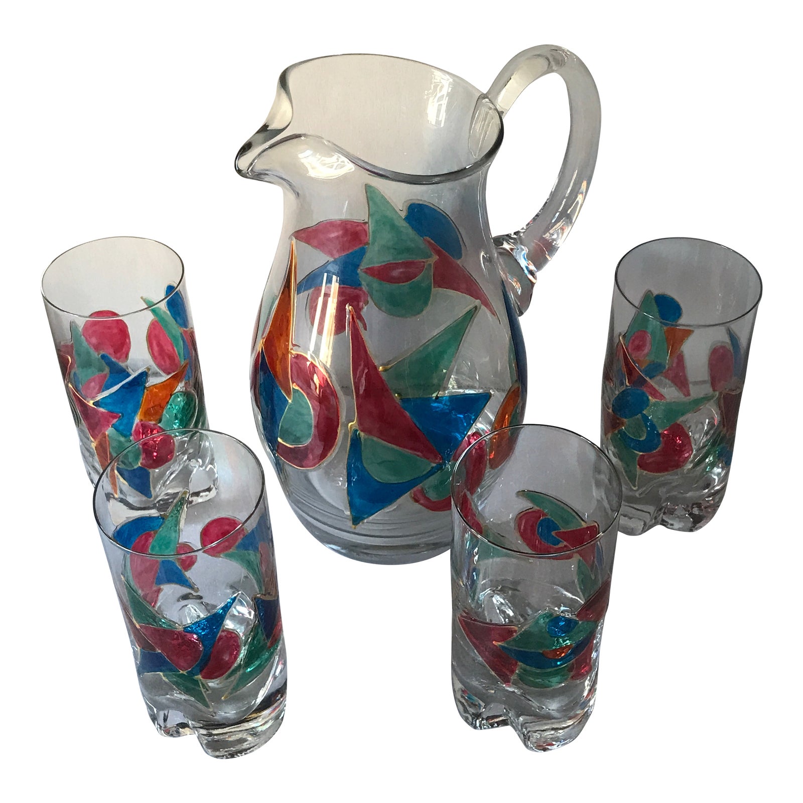 1990s Pitcher and 4 Glasses Hand-Painted by Monique Nichols, Signed and ...