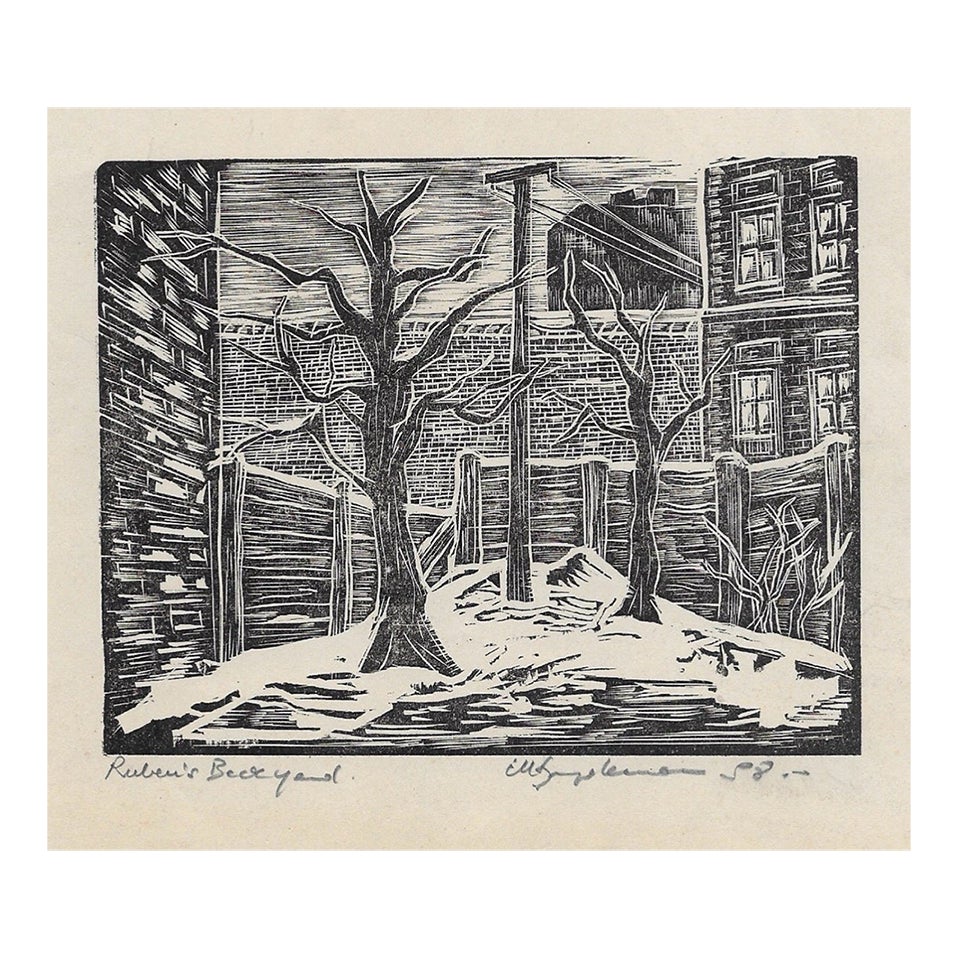 1958 Ruben's Backyard Winter Linocut | Chairish