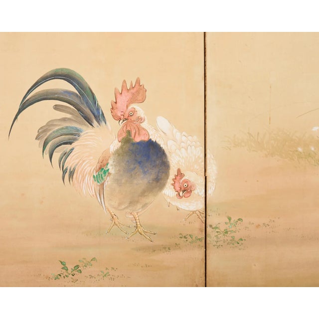 Japanese Taisho Six Panel Screen Roosters and Hens | Chairish
