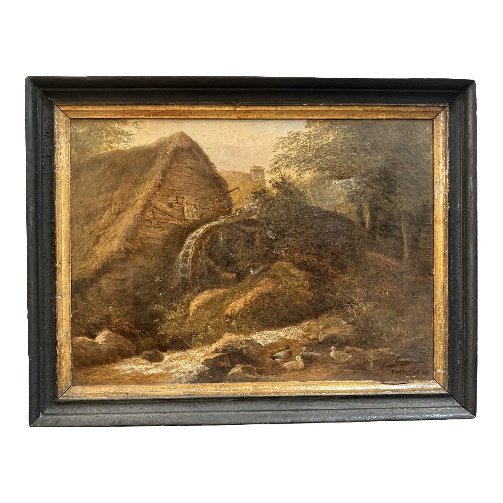 19th Century English Oil Painting of a Thatched Mill by T. Whittle ...
