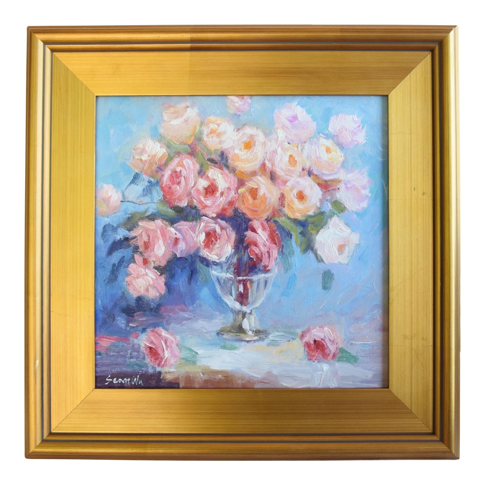 Bouquet of Pastel Roses in Vase Table Scape Still Life Oil Painting W ...